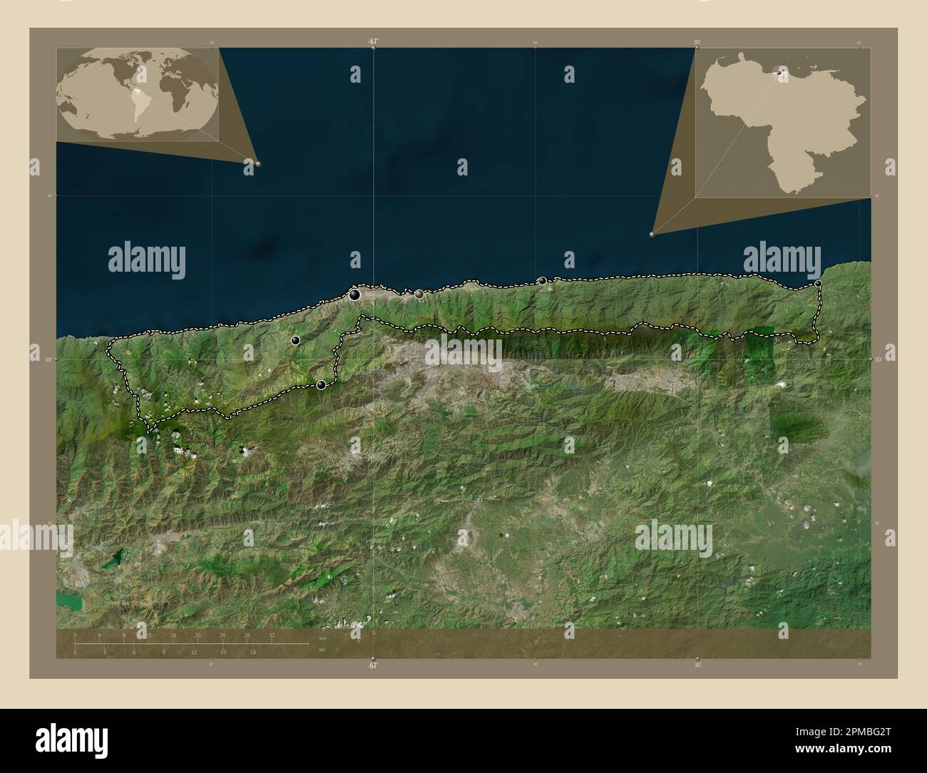 Vargas, state of Venezuela. High resolution satellite map. Locations of ...