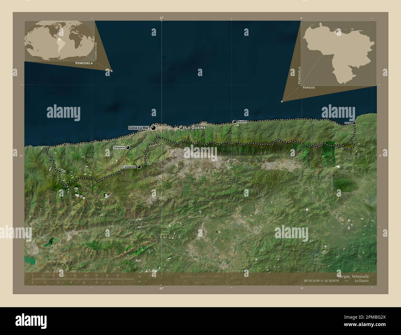 Vargas, state of Venezuela. High resolution satellite map. Locations ...
