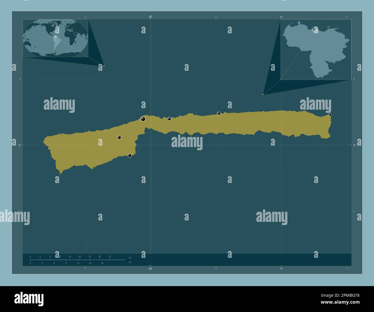 Vargas, state of Venezuela. Solid color shape. Locations of major ...