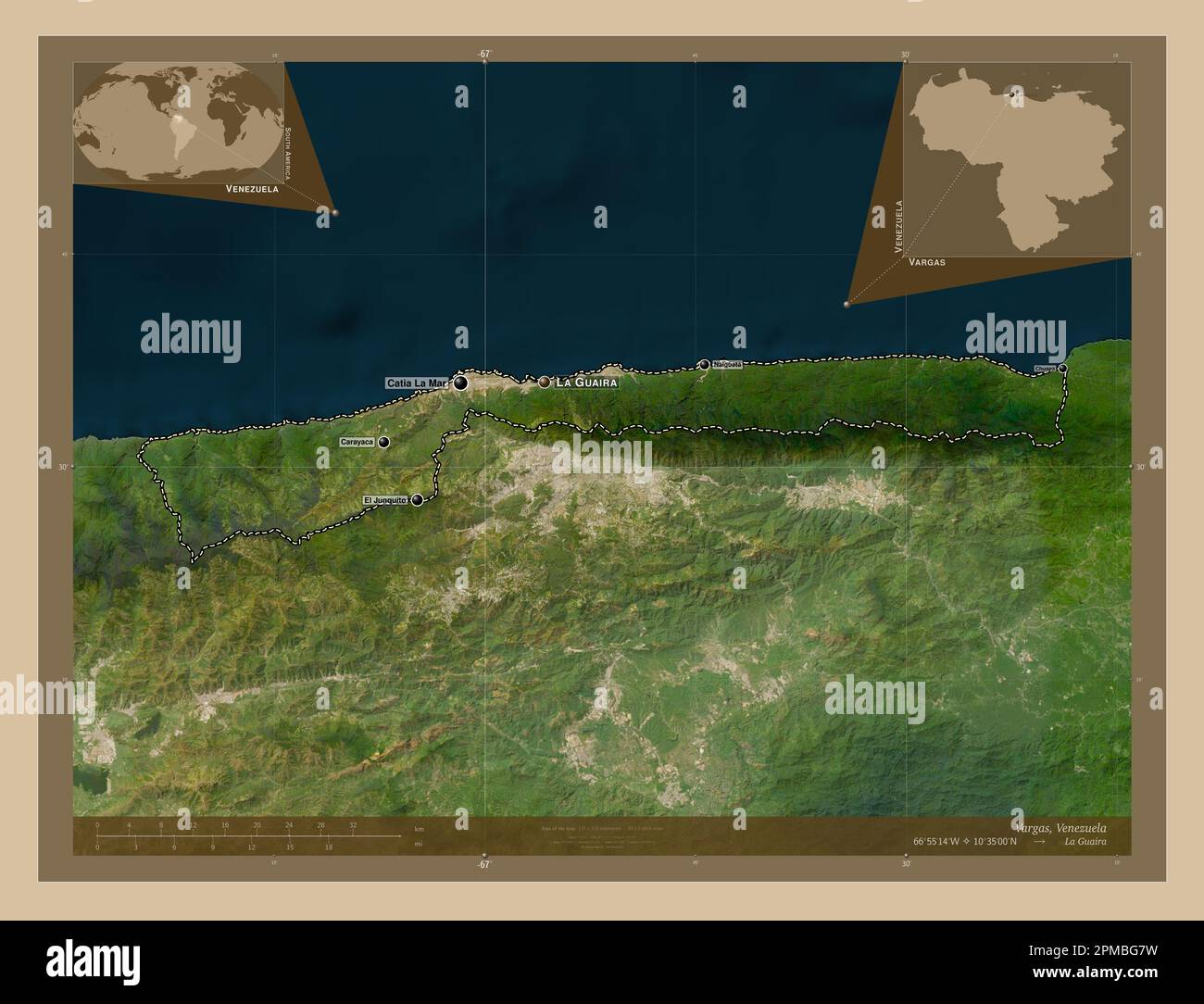 Vargas, state of Venezuela. Low resolution satellite map. Locations and ...