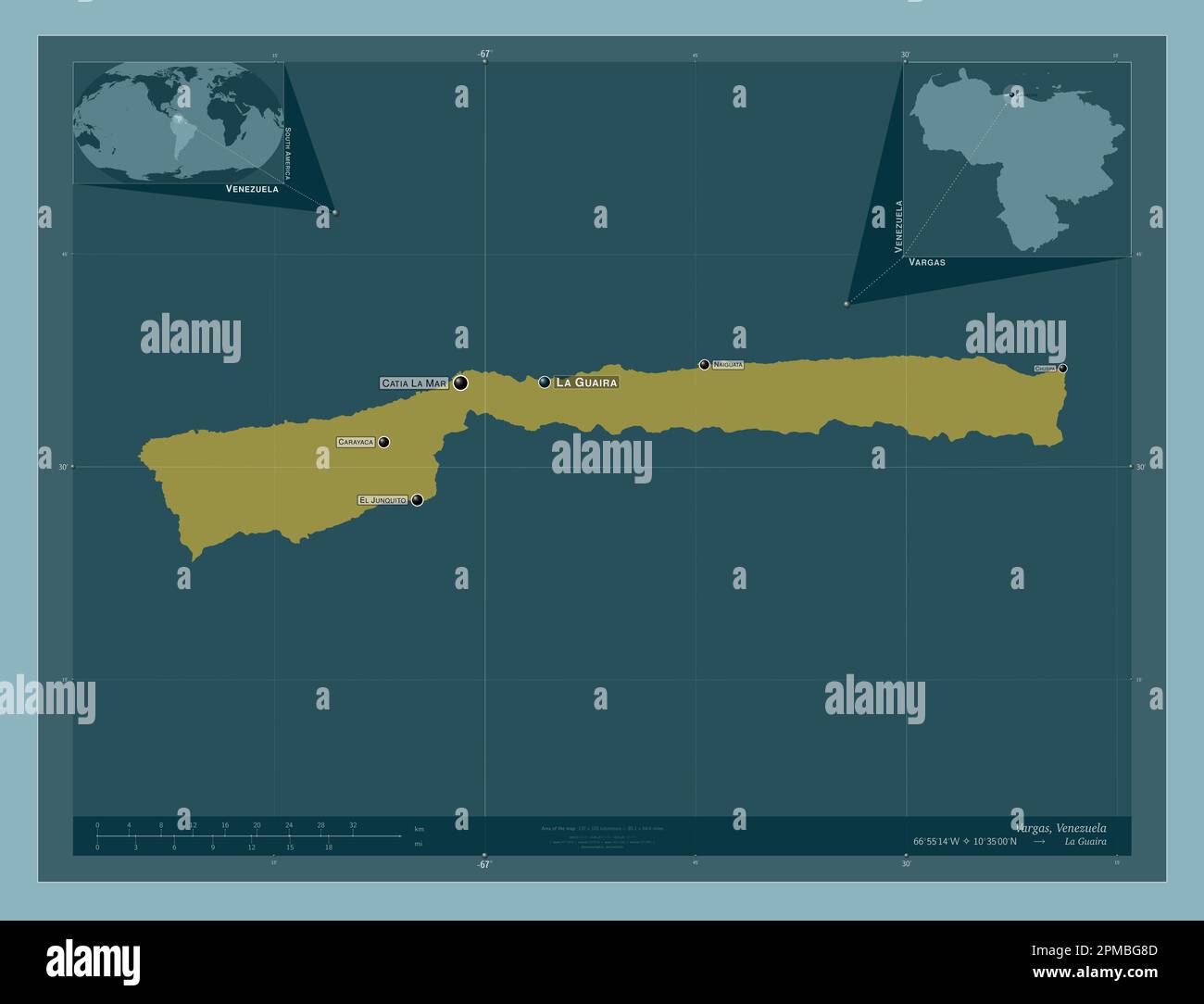 Vargas, state of Venezuela. Solid color shape. Locations and names of ...