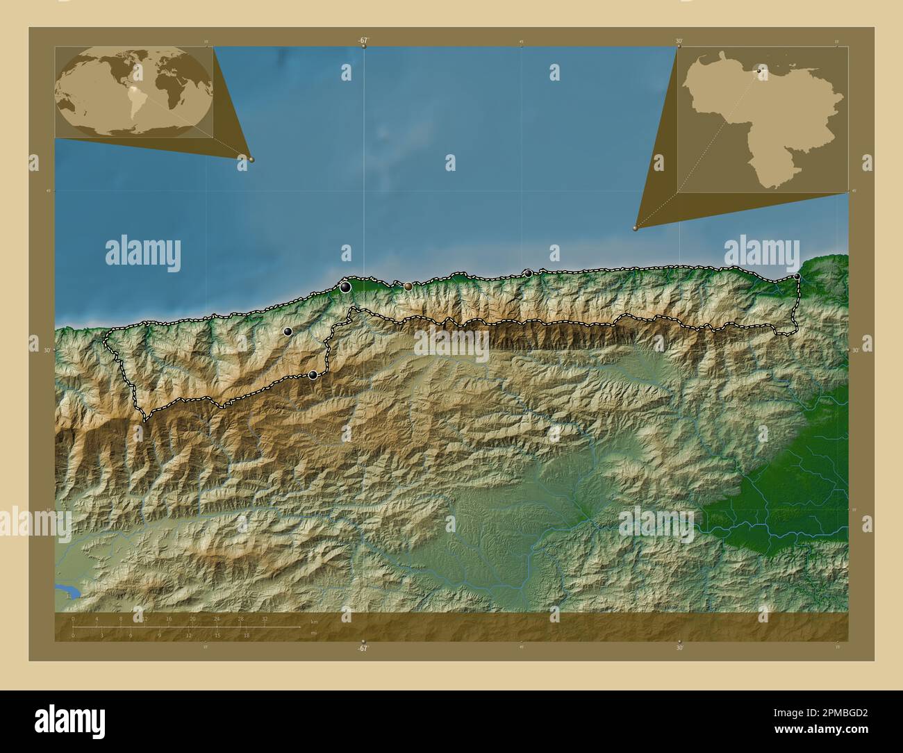 Vargas, state of Venezuela. Colored elevation map with lakes and rivers ...