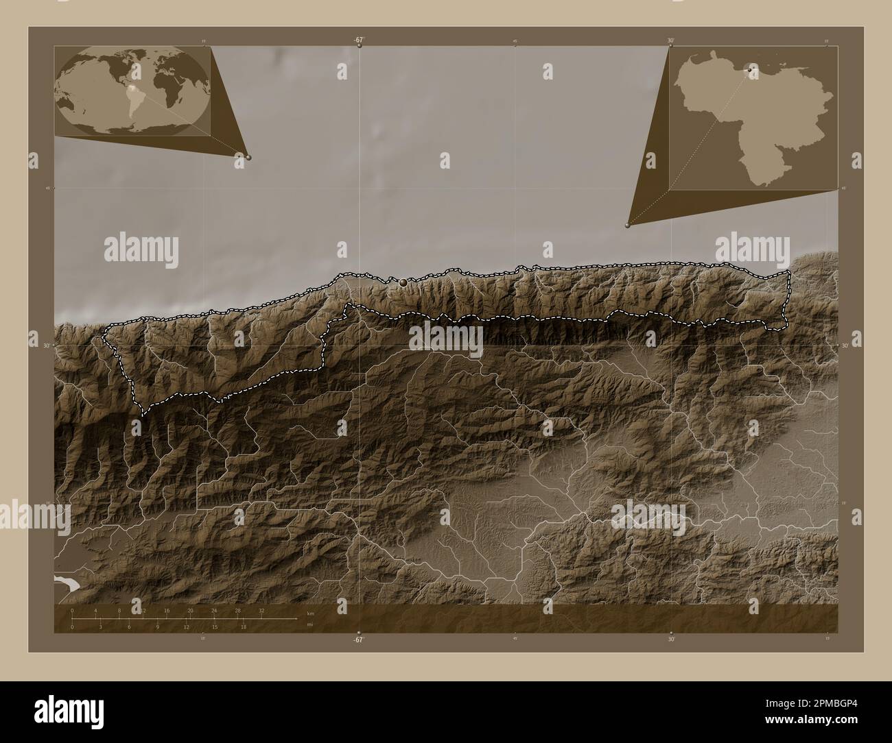 Vargas, state of Venezuela. Elevation map colored in sepia tones with ...