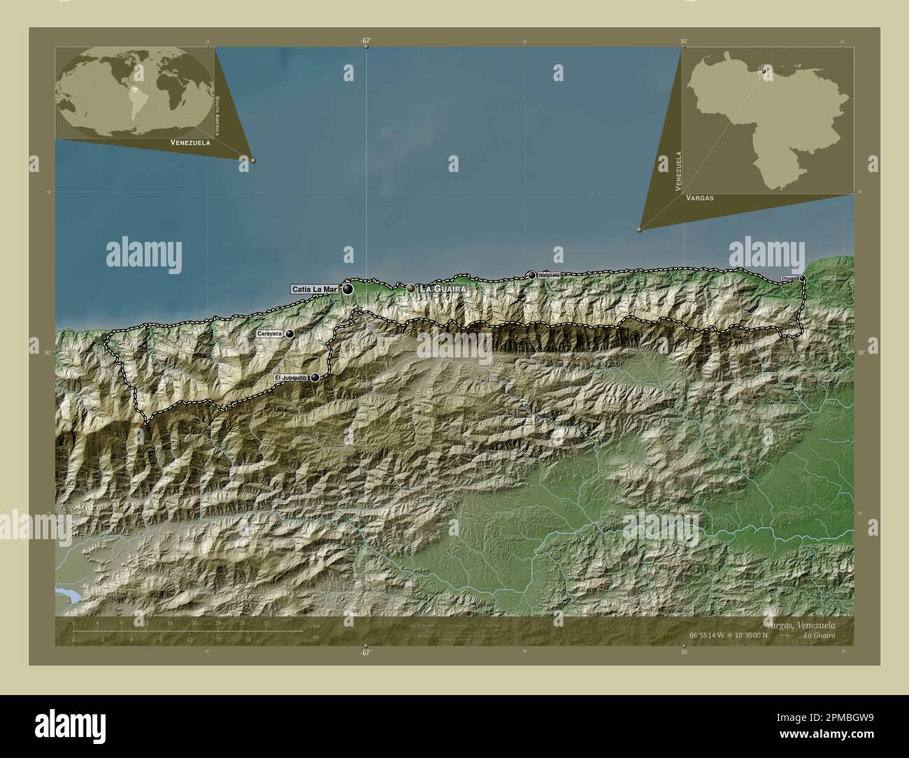 Vargas, state of Venezuela. Elevation map colored in wiki style with ...
