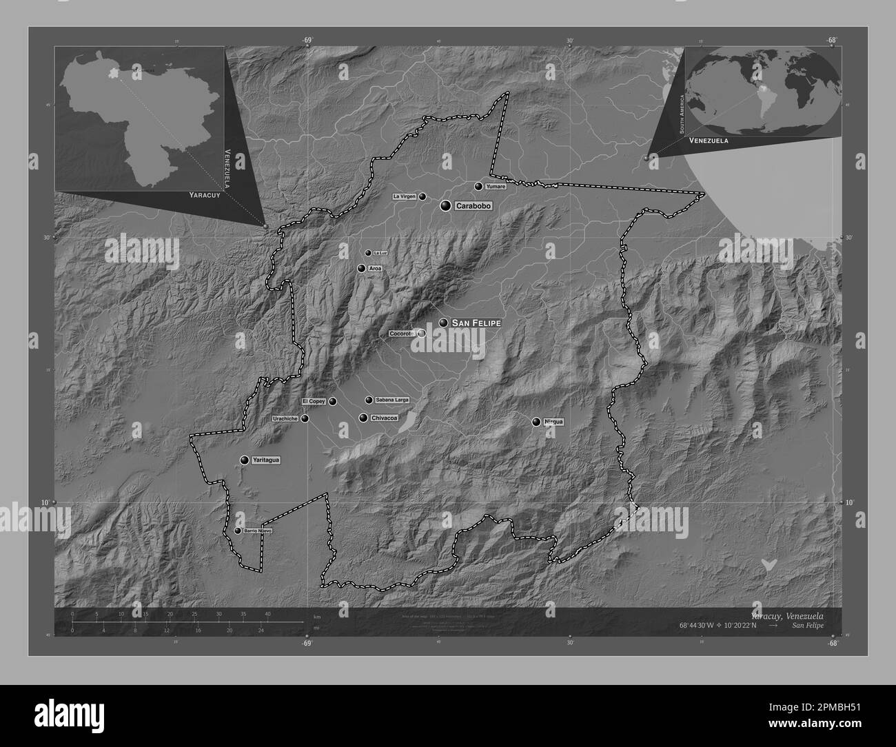 Yaracuy, state of Venezuela. Bilevel elevation map with lakes and ...