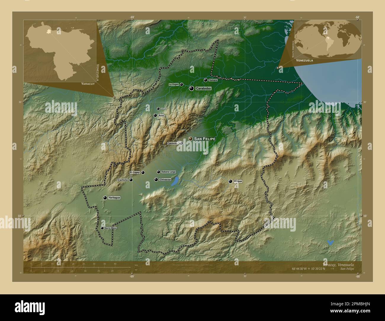 Yaracuy, state of Venezuela. Colored elevation map with lakes and ...