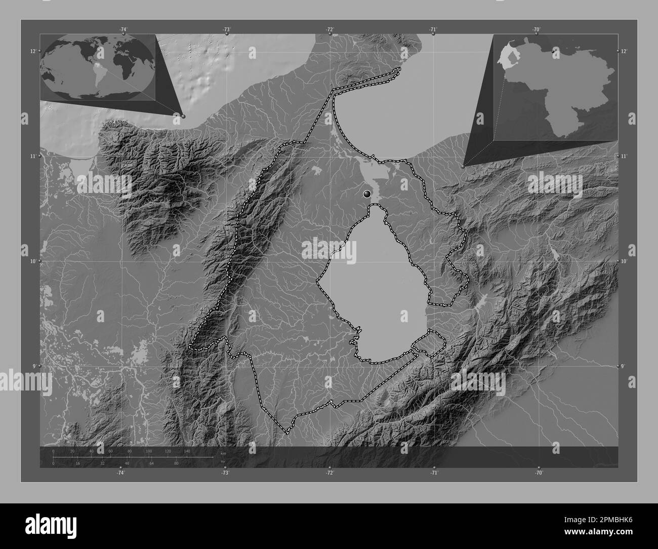 Zulia, state of Venezuela. Bilevel elevation map with lakes and rivers ...
