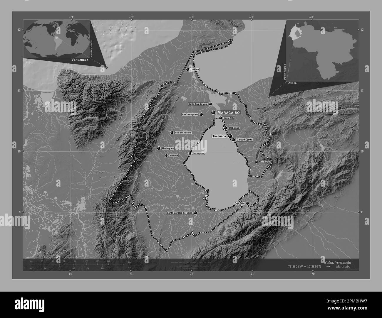 Zulia, state of Venezuela. Bilevel elevation map with lakes and rivers ...