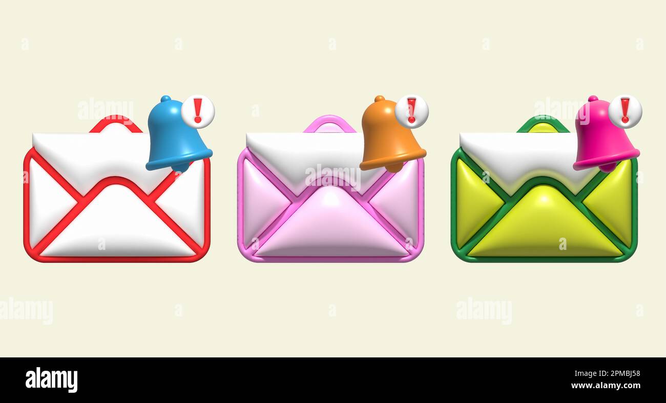 3D illustration, email, letter with notification bell Stock Photo - Alamy