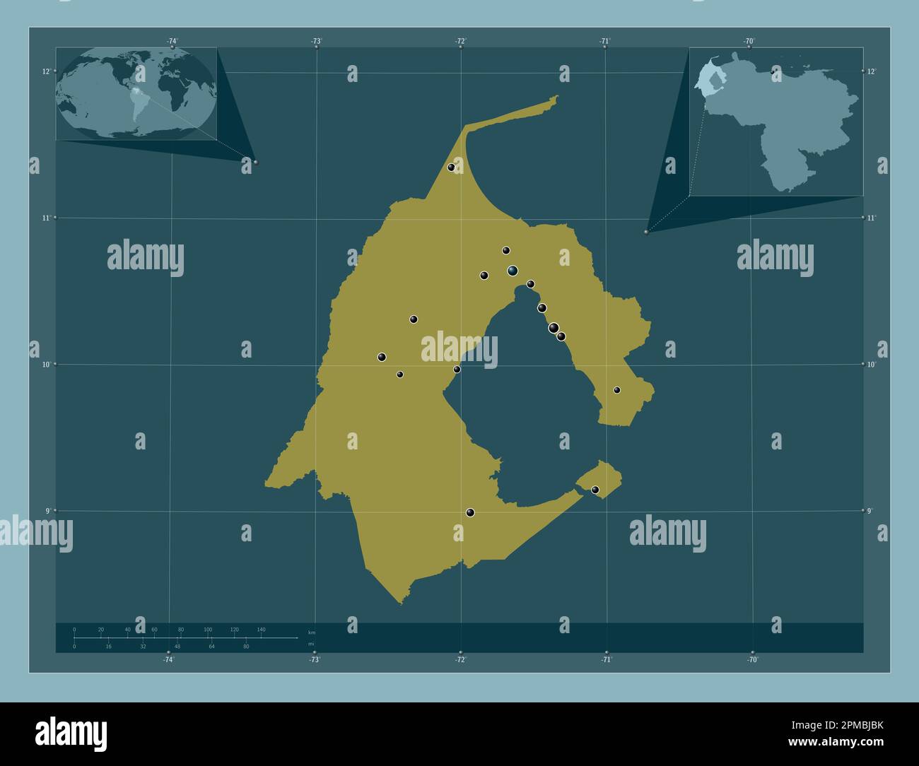 Zulia, state of Venezuela. Solid color shape. Locations of major cities ...
