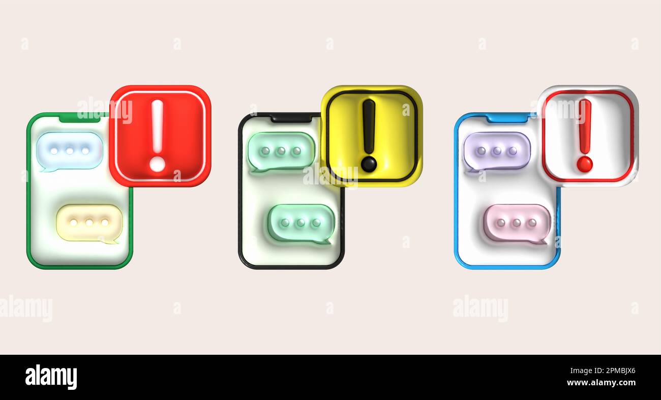 3D illustration, cell phone chat message with caution alert symbol ...