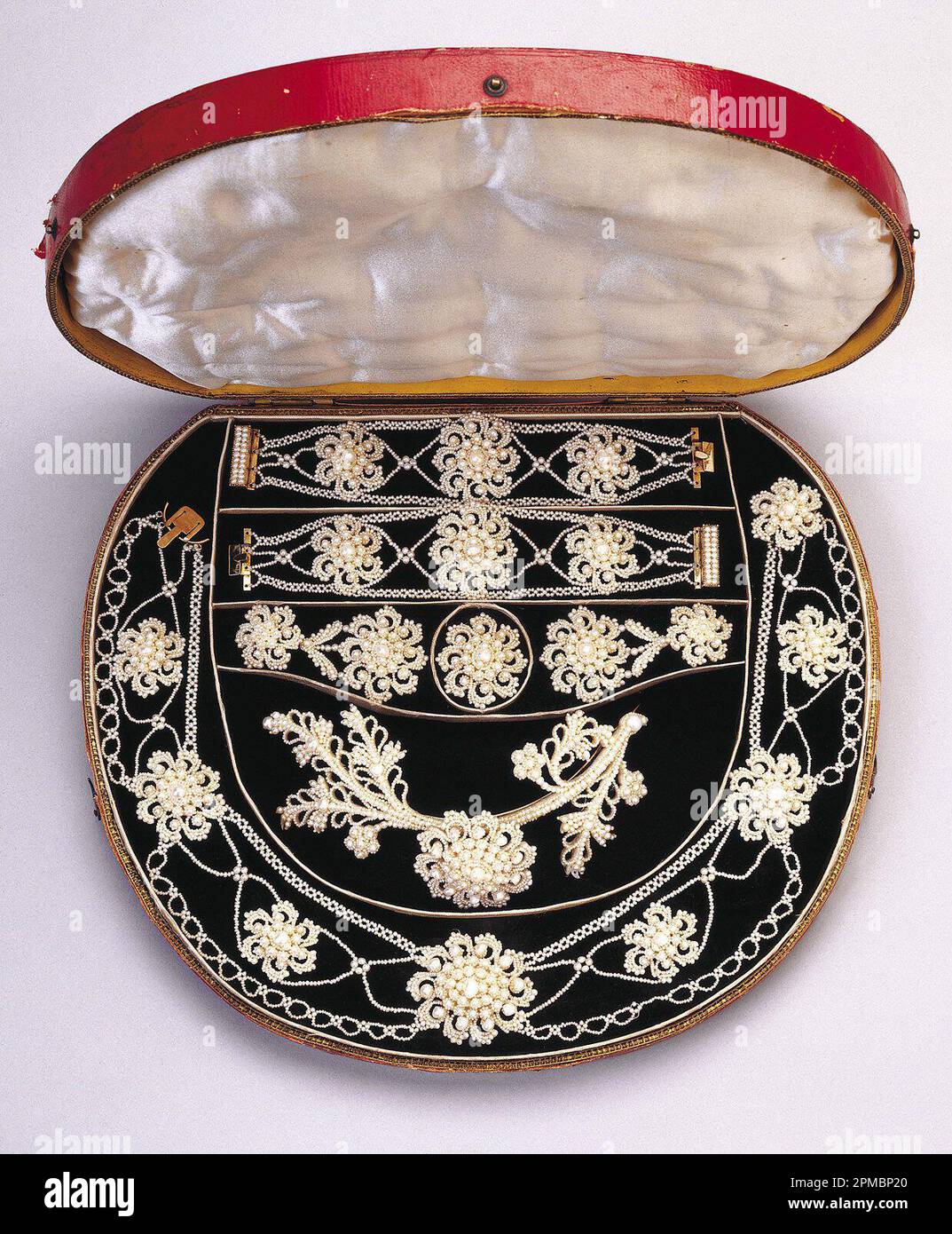 Brooch, ca. 1830; seed pearls, mother-of-pearl, gold, fiber Stock Photo ...