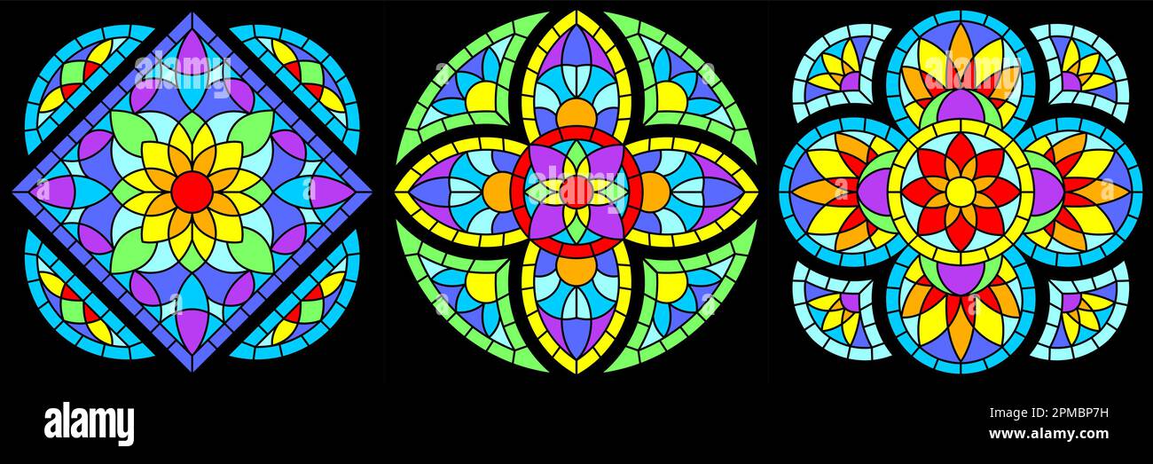Set Of Stained Glass Windows In Gothic Style Medieval Mosaic Tile Texture Stock Vector Image