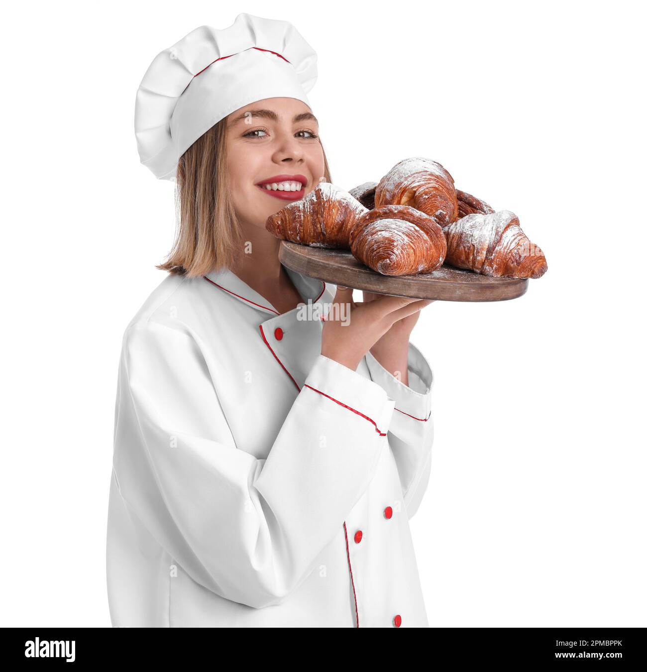 Female baker with board of tasty croissants on white background Stock ...