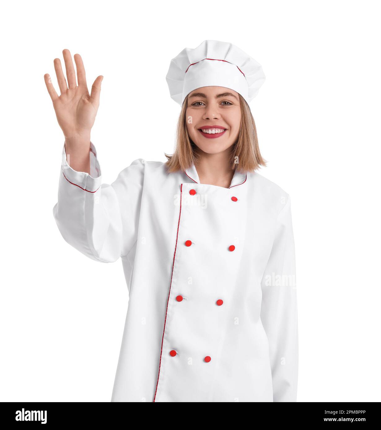 Female baker in uniform waving hand on white background Stock Photo - Alamy