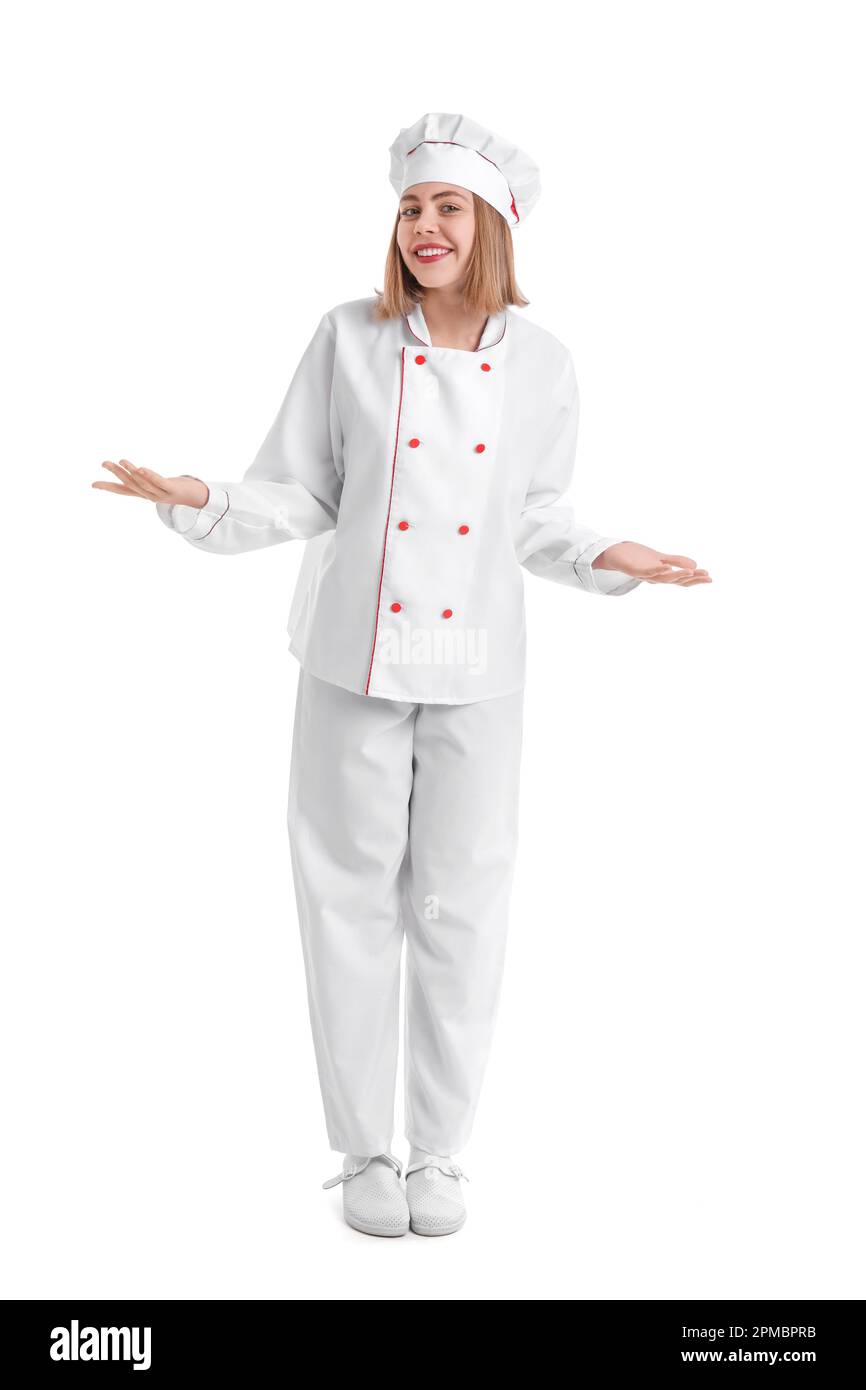 Female baker in uniform on white background Stock Photo - Alamy