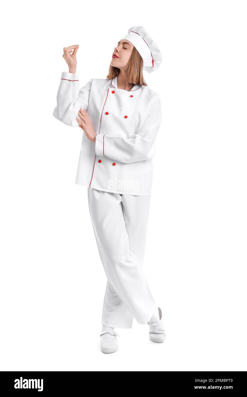 Female baker in uniform on white background Stock Photo - Alamy