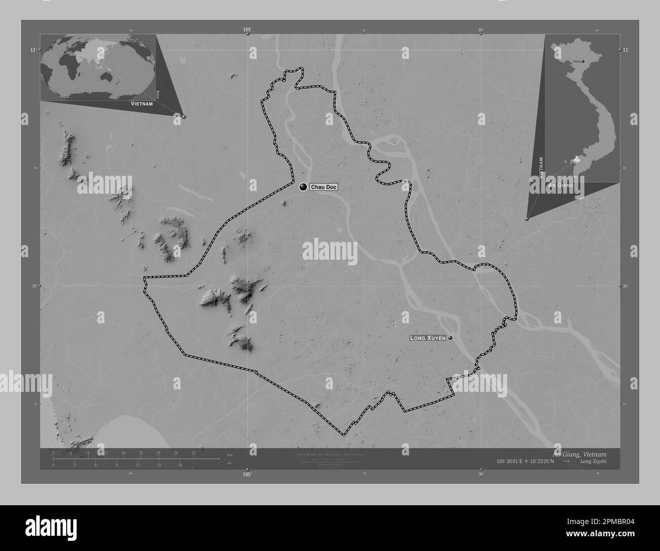 An Giang, province of Vietnam. Grayscale elevation map with lakes and ...