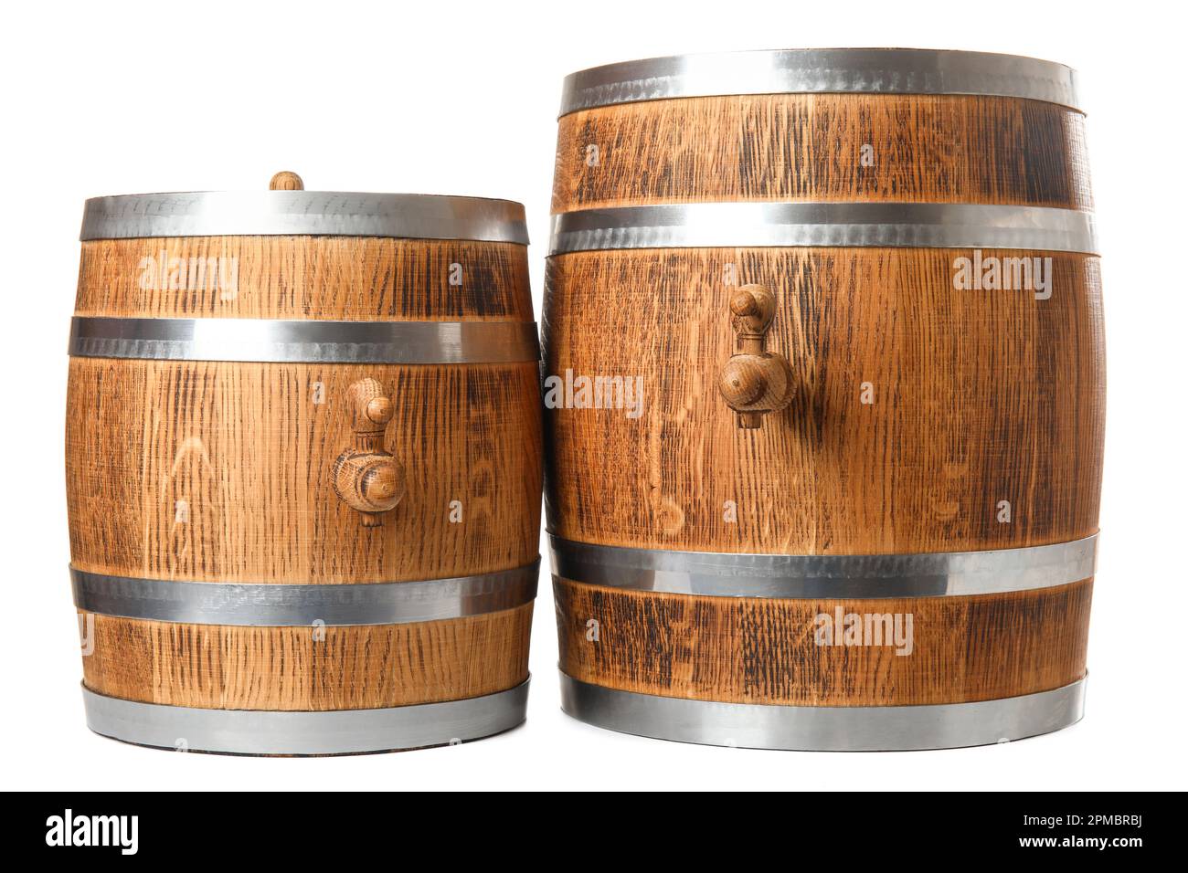 Oak barrels with metal hoops isolated on white background Stock Photo ...