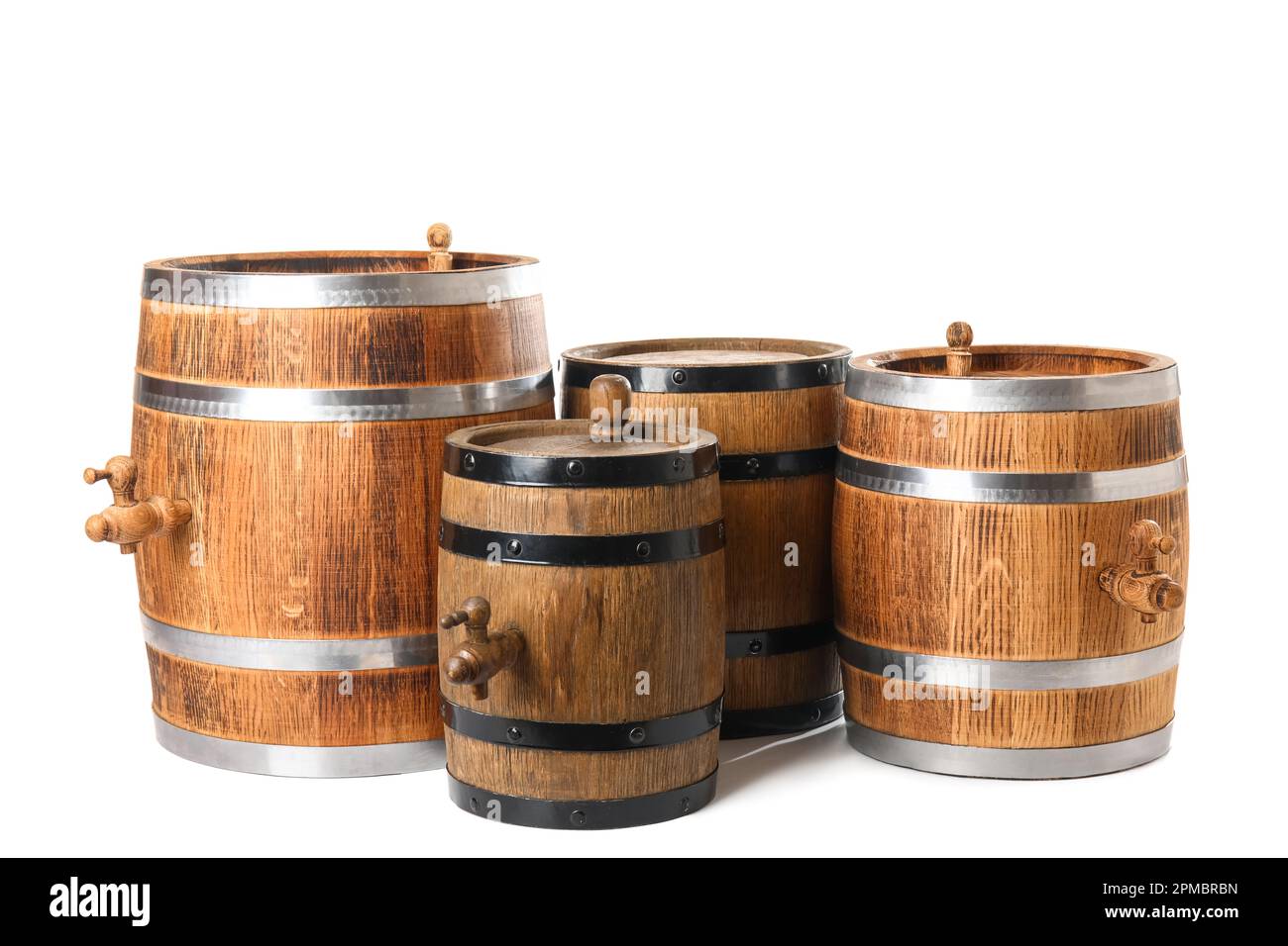Oak barrels with metal hoops isolated on white background Stock Photo ...