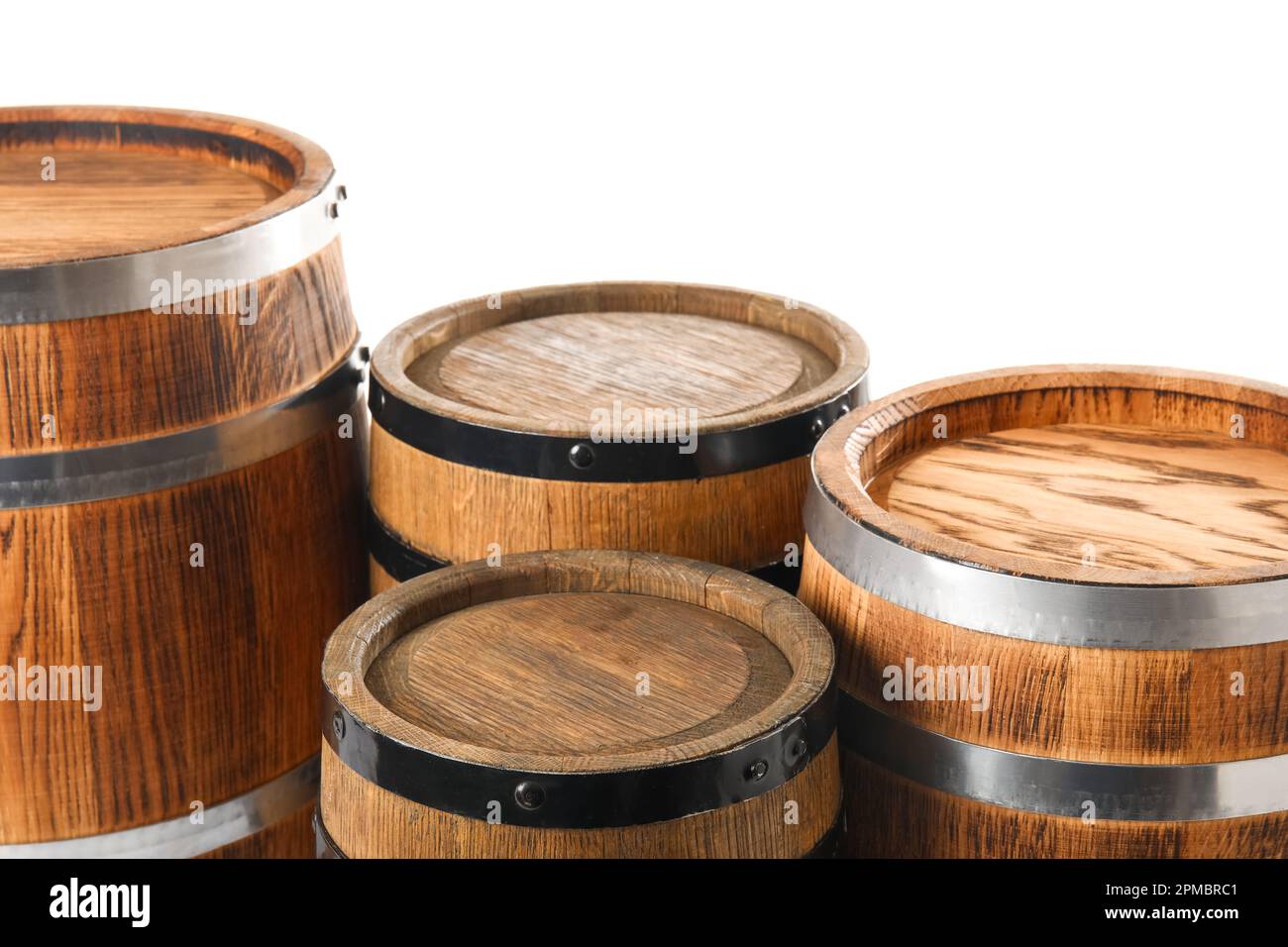 Oak barrels with metal hoops isolated on white background Stock Photo ...