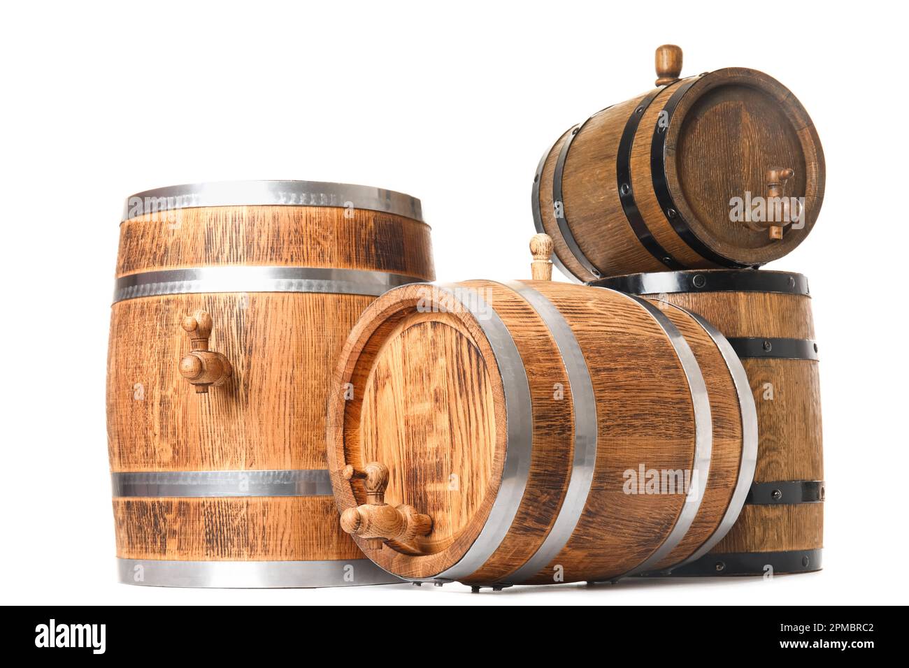 Oak barrels with metal hoops isolated on white background Stock Photo ...