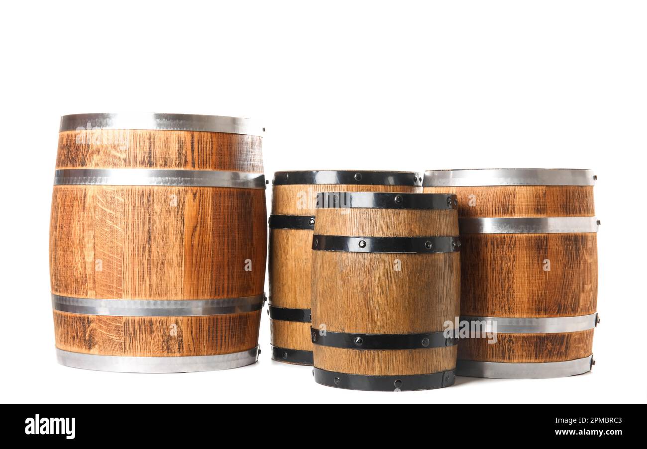 Oak barrels with metal hoops isolated on white background Stock Photo ...