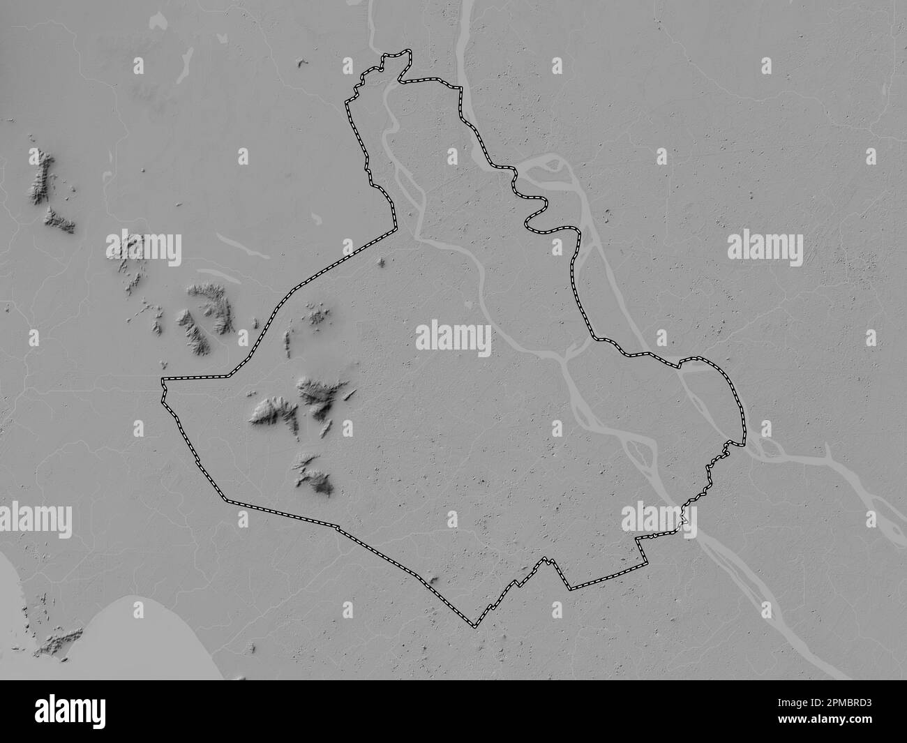 An Giang, province of Vietnam. Grayscale elevation map with lakes and ...