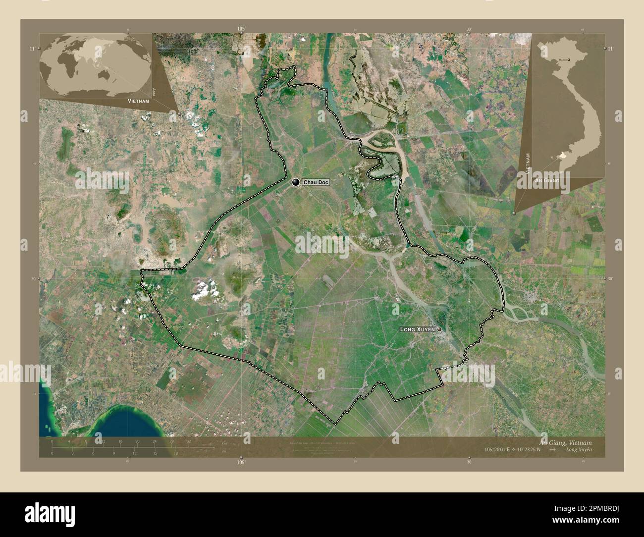 An Giang, province of Vietnam. High resolution satellite map. Locations and names of major ...