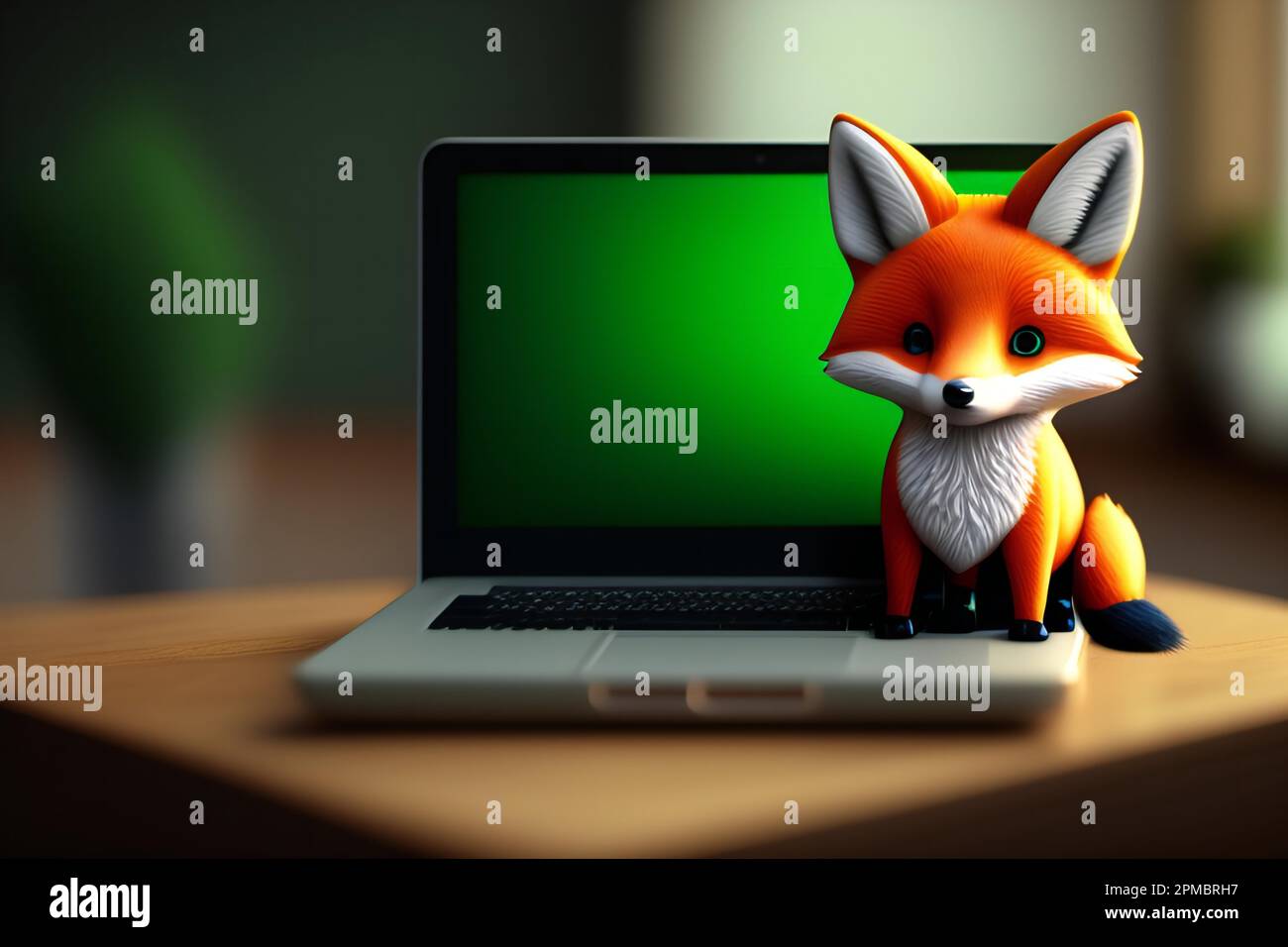 Cute little fox sitting on a laptop with a green screen. 3d render ...