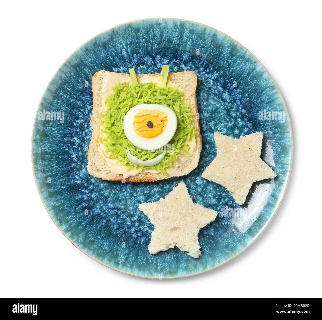 Plate with funny children's breakfast in shape of alien and stars ...