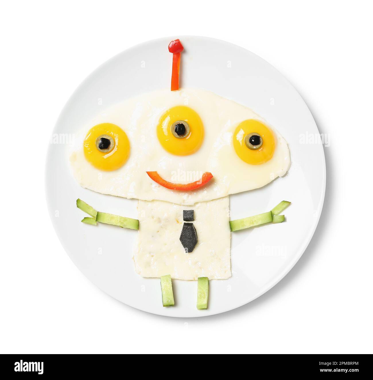 Plate with funny children's breakfast in shape of alien isolated on ...