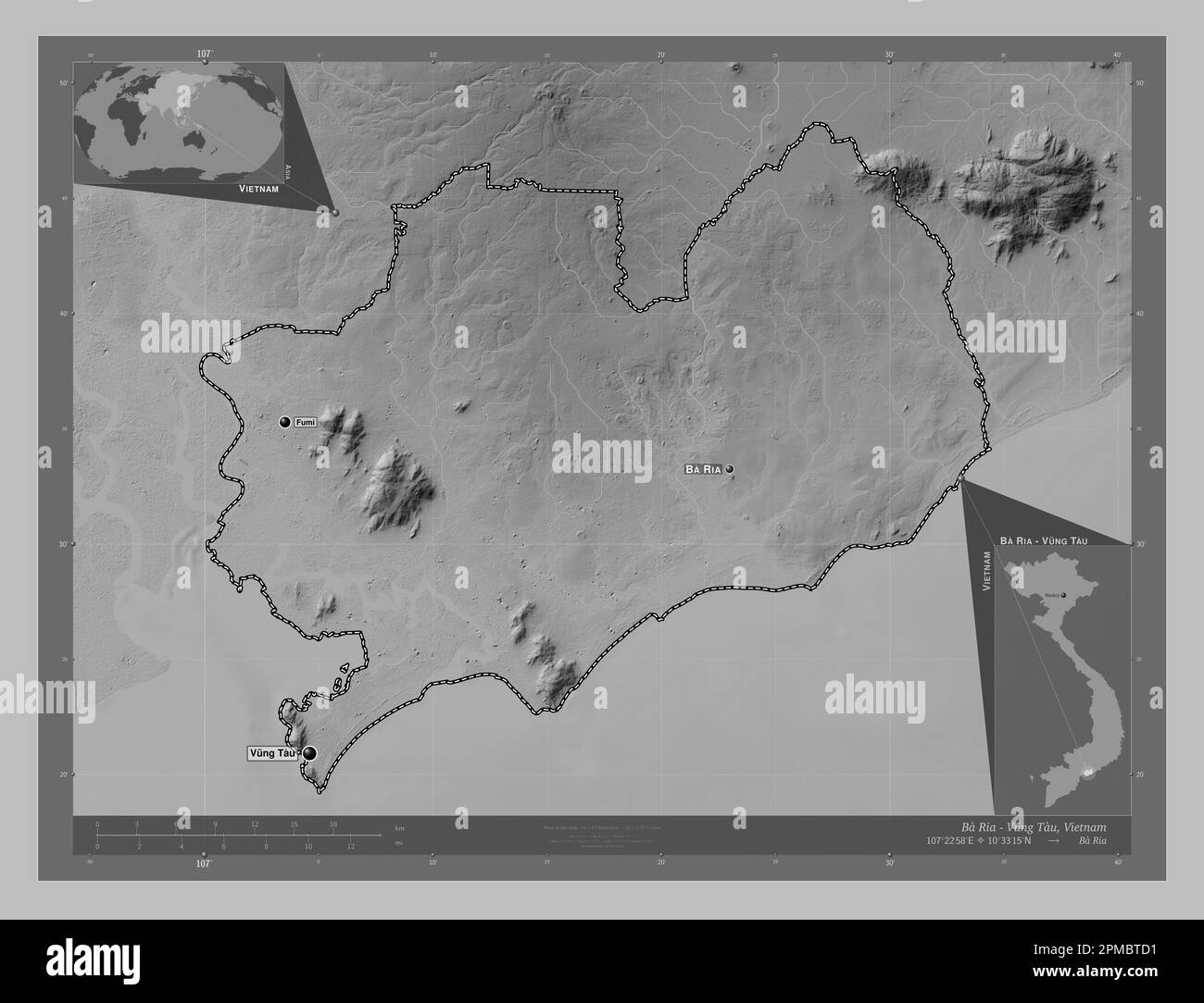 Ba Ria - Vung Tau, province of Vietnam. Grayscale elevation map with ...