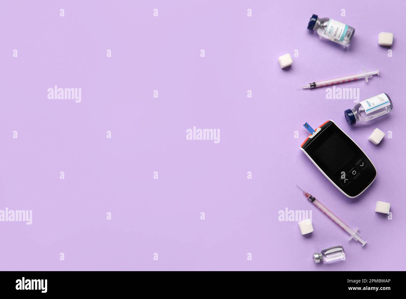Glucometer with syringes, insulin and sugar on lilac background ...