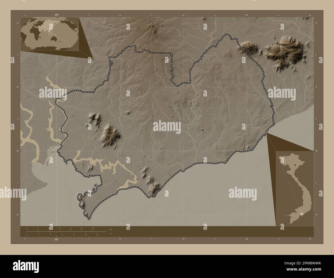 Ba Ria - Vung Tau, province of Vietnam. Elevation map colored in sepia ...