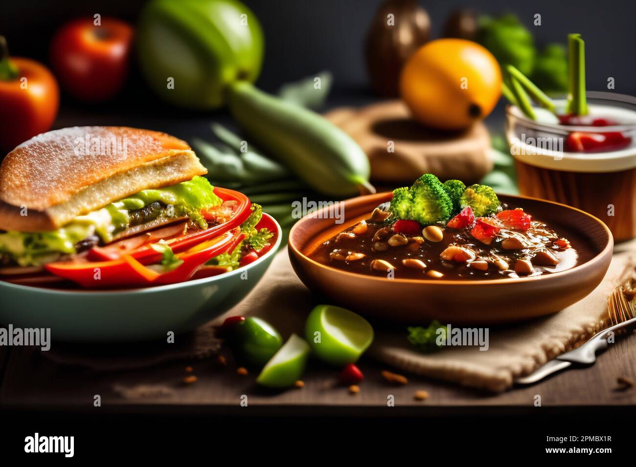 Vegetable salad with lentils and hamburger on wooden table. 3d render ...