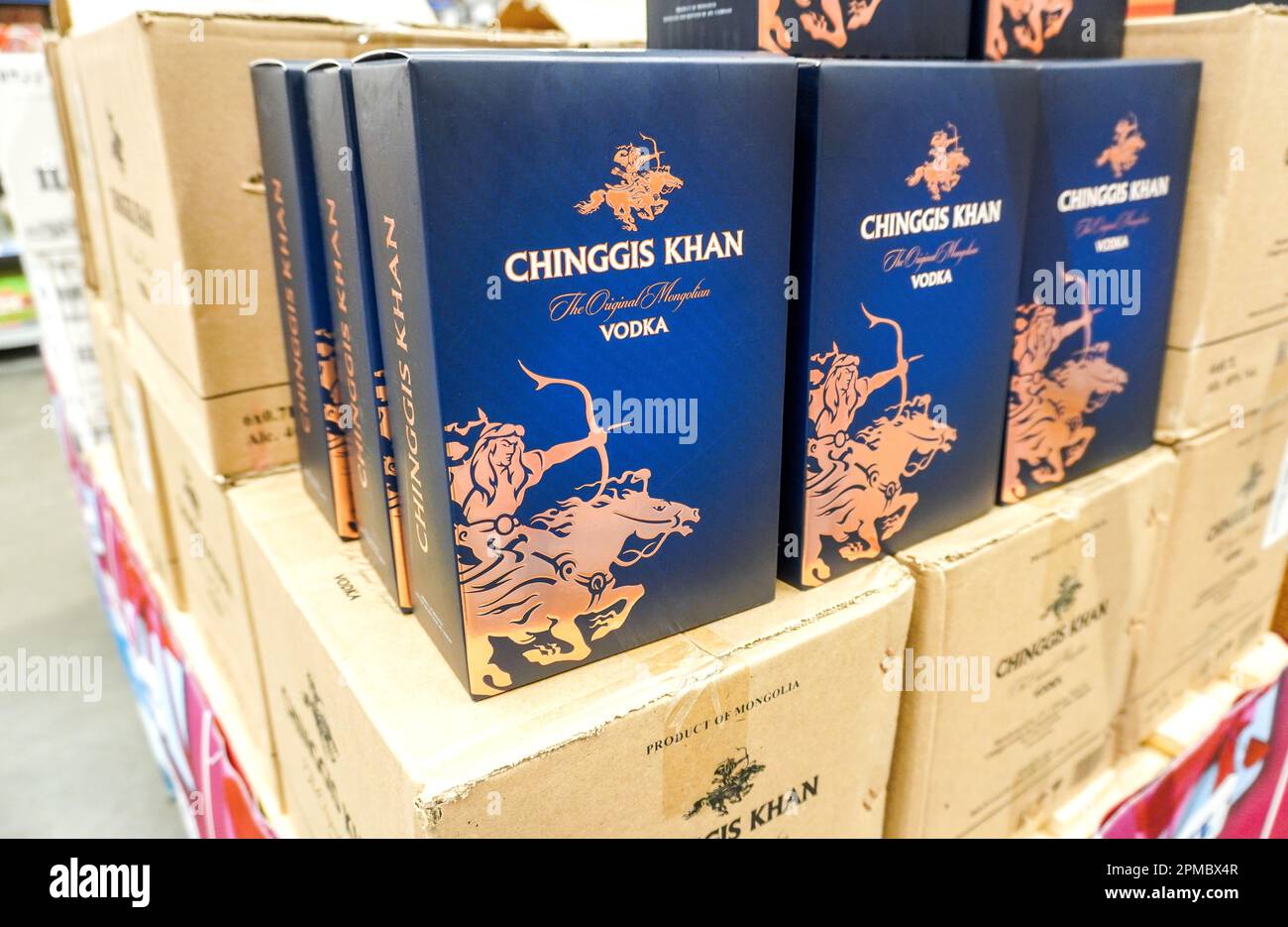 Samara, Russia - March 2, 2023: Chinggis Khan original mongolian vodka ...