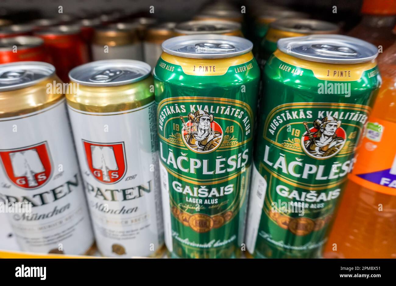 Samara, Russia - March 18, 2023: Different alcoholic canned beer in ...