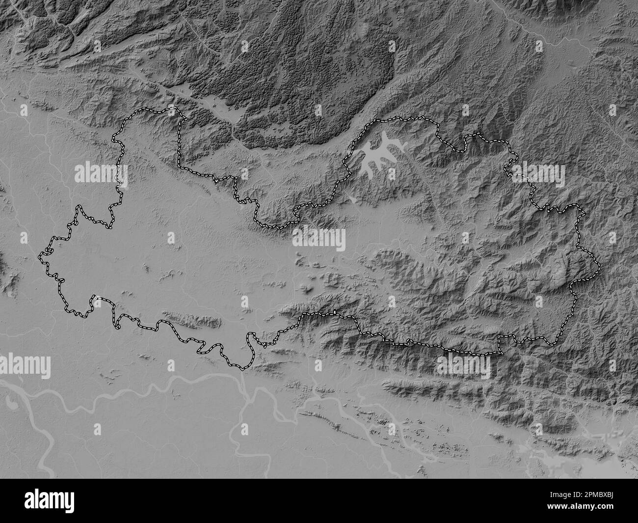 Bac Giang, province of Vietnam. Grayscale elevation map with lakes and ...