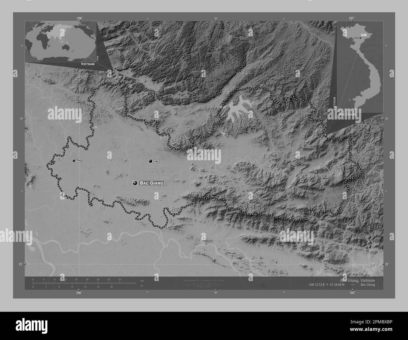 Bac Giang, province of Vietnam. Grayscale elevation map with lakes and ...