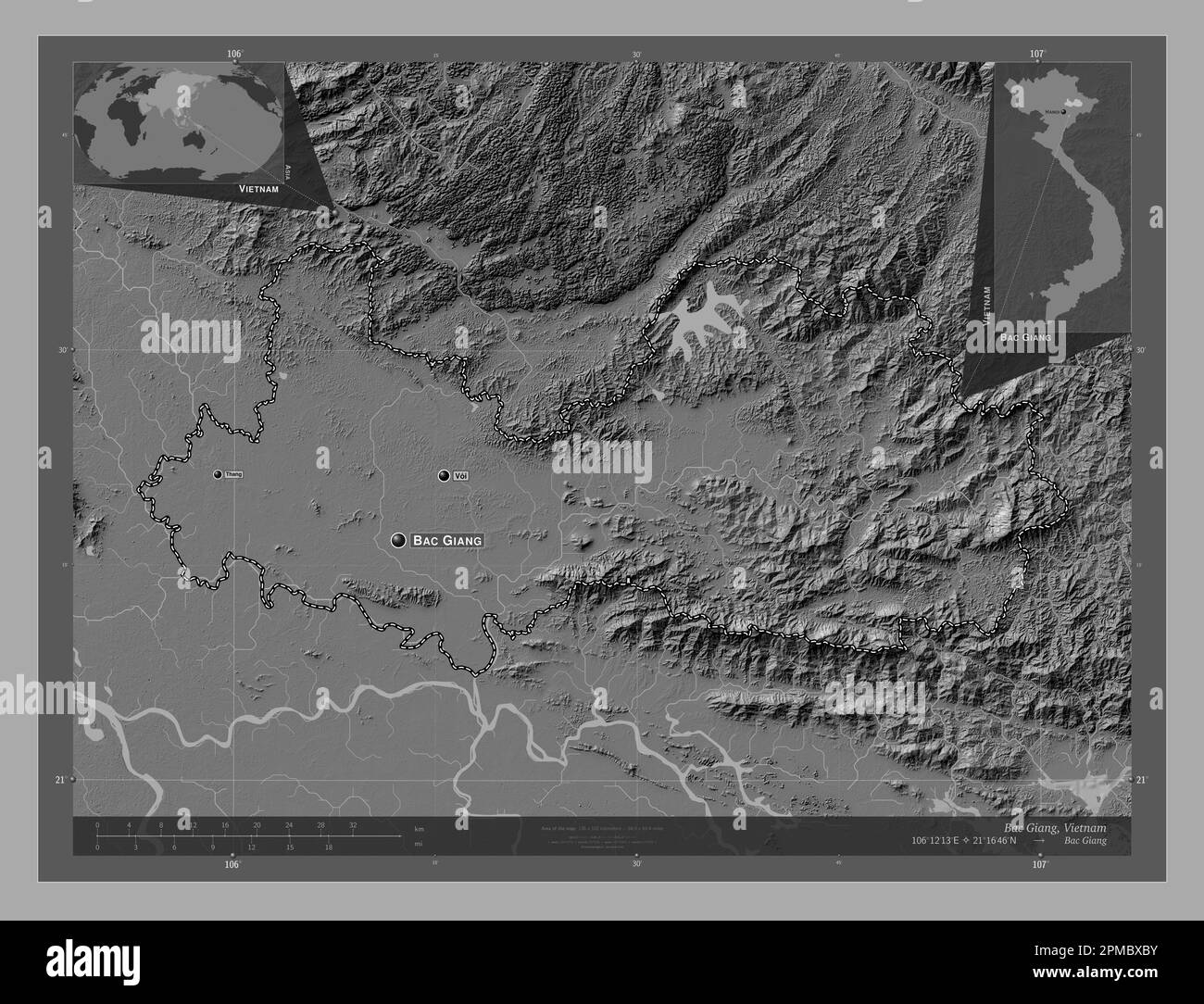 Bac Giang, province of Vietnam. Bilevel elevation map with lakes and ...