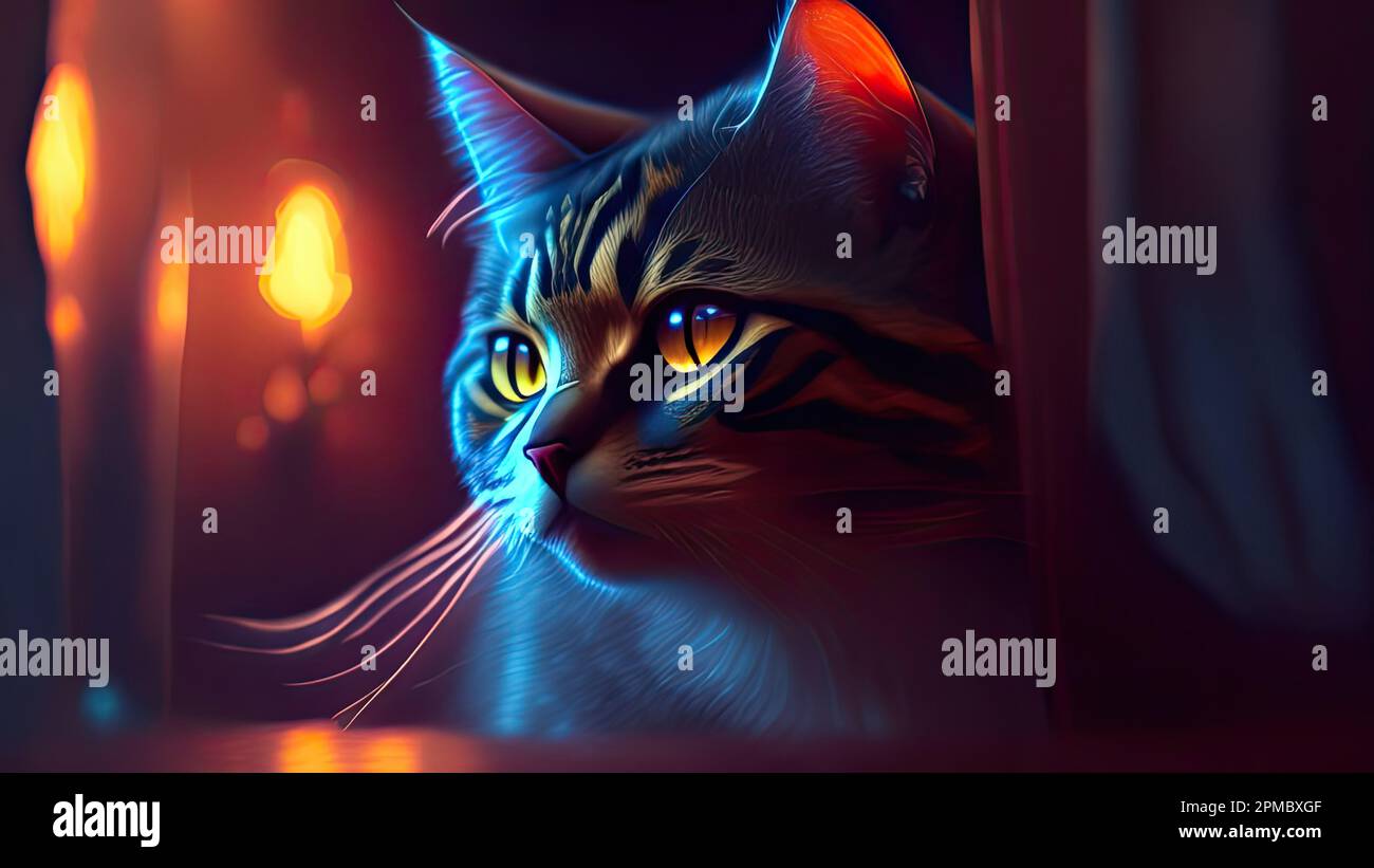 Cat in a dark room with a burning candle. 3d rendering Stock Photo - Alamy