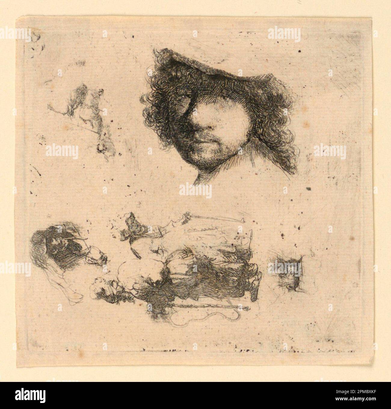 Print, Sheet of Studies: Self-portrait, a Beggar Couple, Heads of an ...