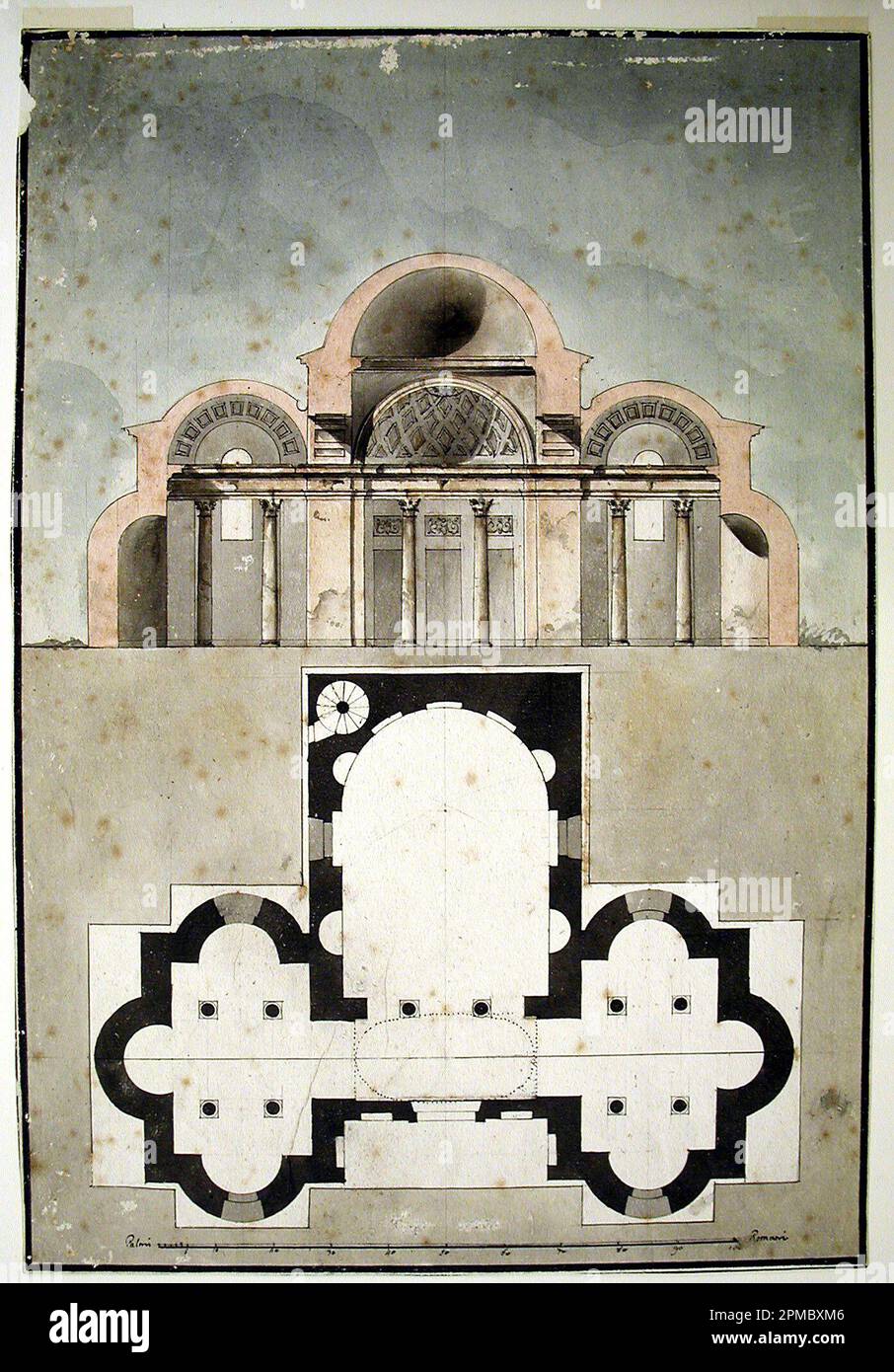 Drawing, Section, Small Domed Building; Italy; pen and black ink, rose ...