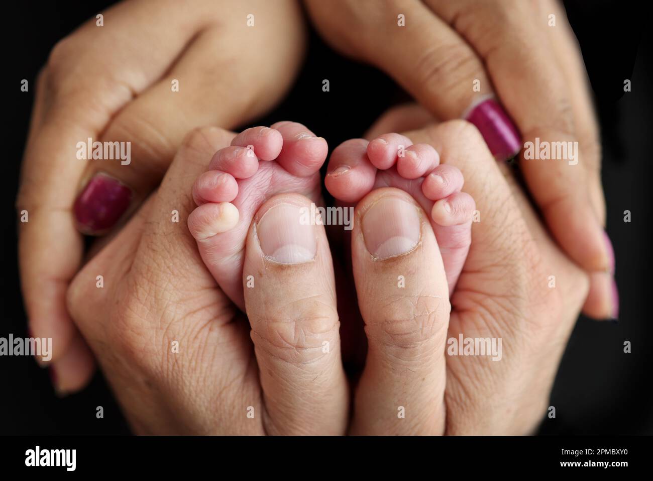 Mum and Dad hug their baby's legs. Black background of a toes, heels ...
