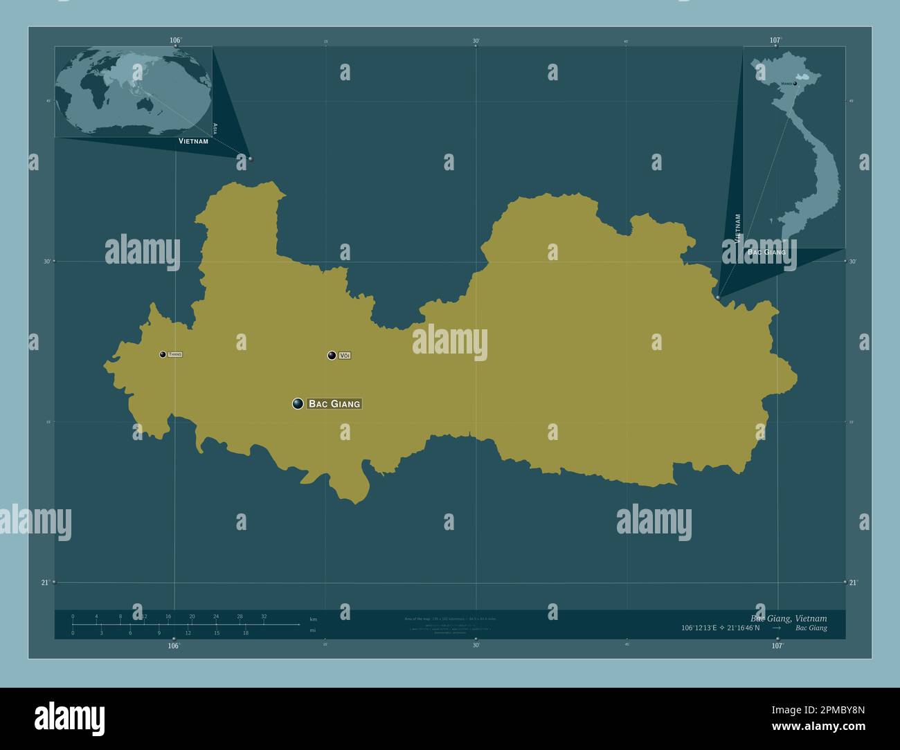 Bac Giang, province of Vietnam. Solid color shape. Locations and names ...