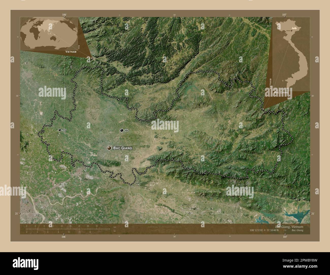 Bac Giang, province of Vietnam. Low resolution satellite map. Locations ...