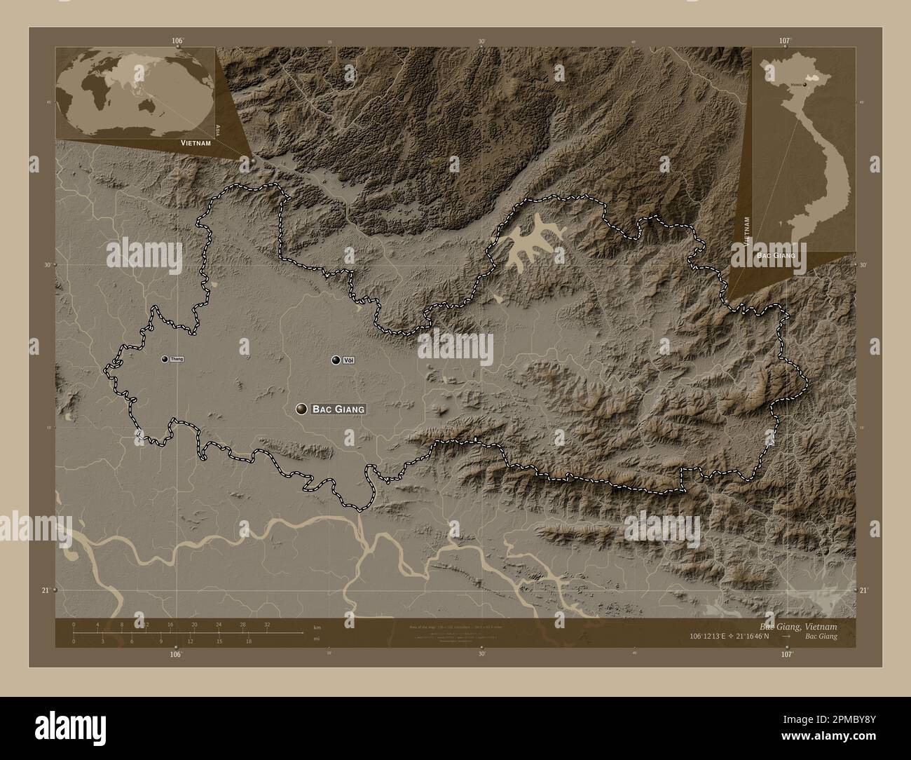 Bac Giang, province of Vietnam. Elevation map colored in sepia tones ...