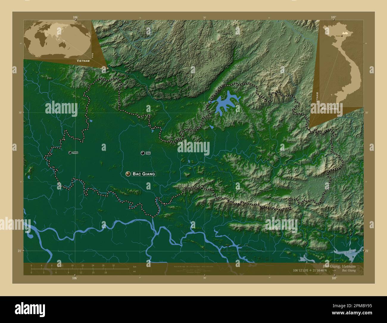 Bac Giang, province of Vietnam. Colored elevation map with lakes and ...