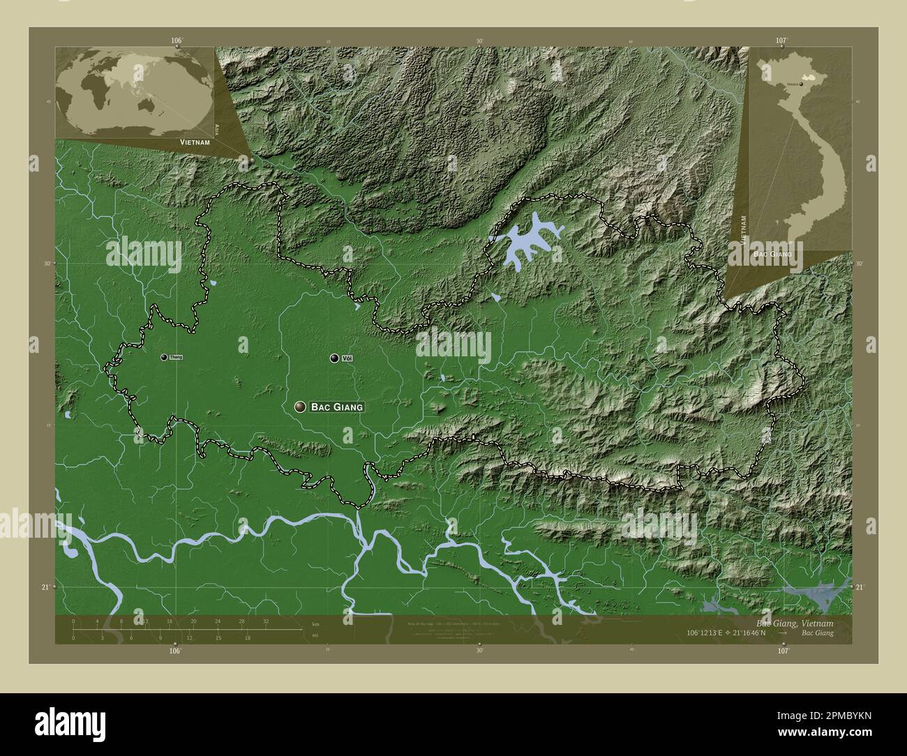 Bac Giang, province of Vietnam. Elevation map colored in wiki style ...